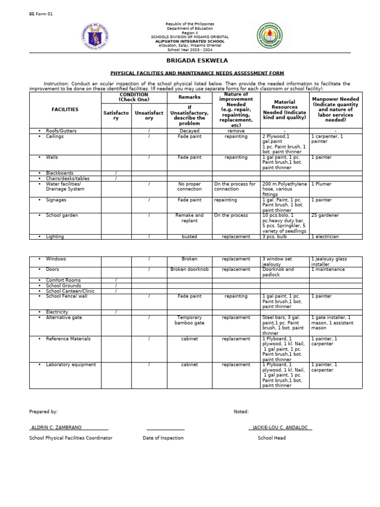 Brigada Eskwela: BE Form 01 | PDF