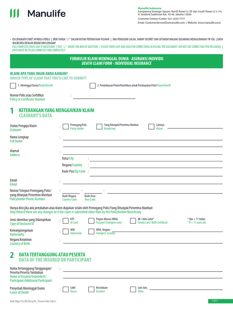 Formulir Klaim Meninggal Dunia - Asuransi Individu | PDF