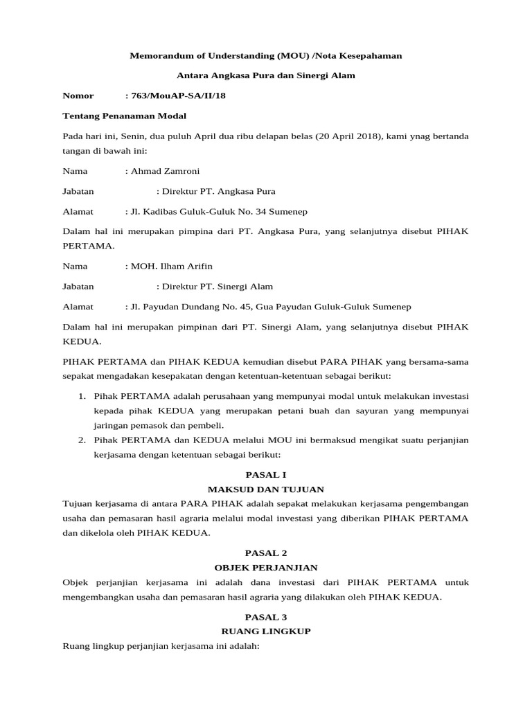 Surat Perjanjian MOU | PDF