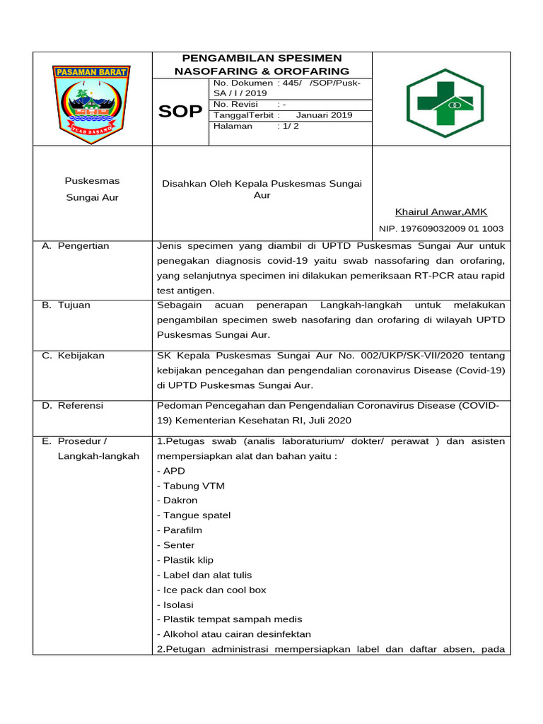 SOP PENGAMBILAN SPESIMEN NASOFARING | PDF