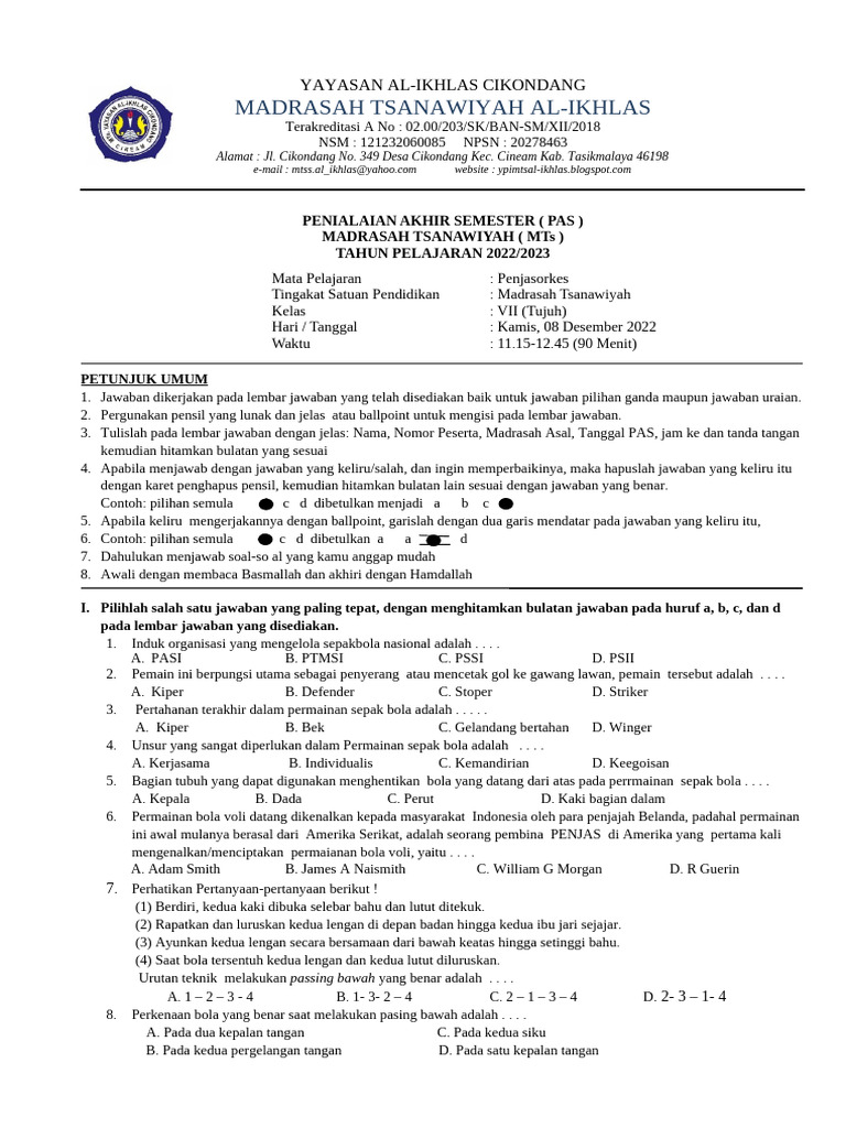 Soal Pas Penjas 7 PKT A | PDF