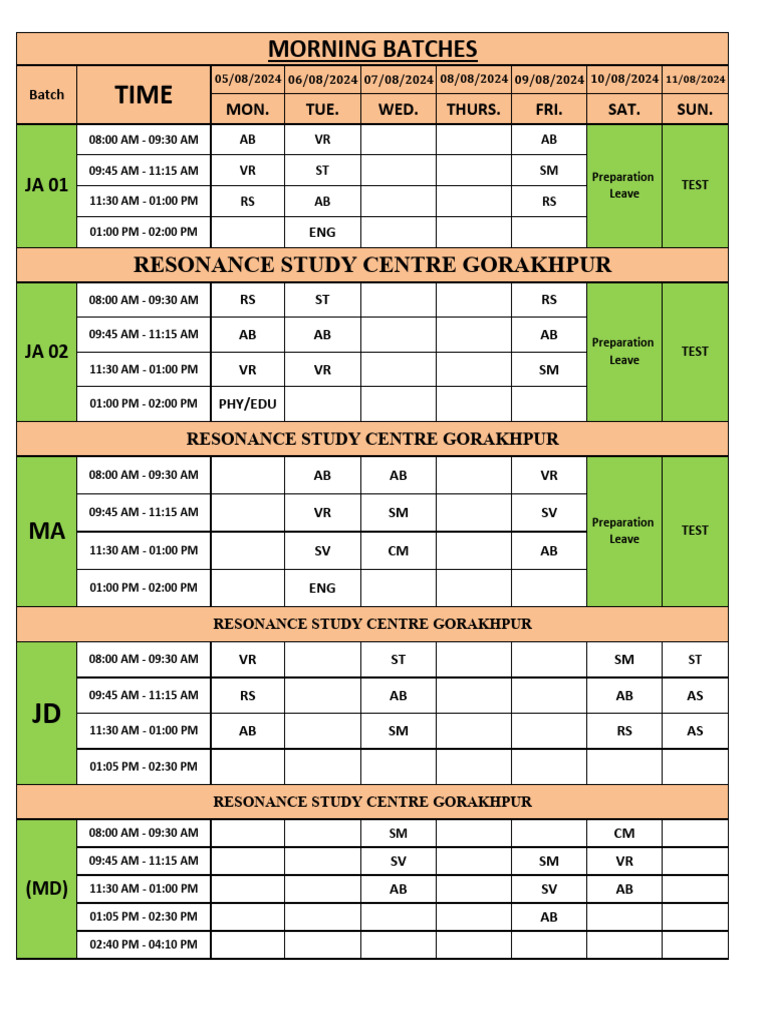 Academy Timetable for August 2024 | PDF