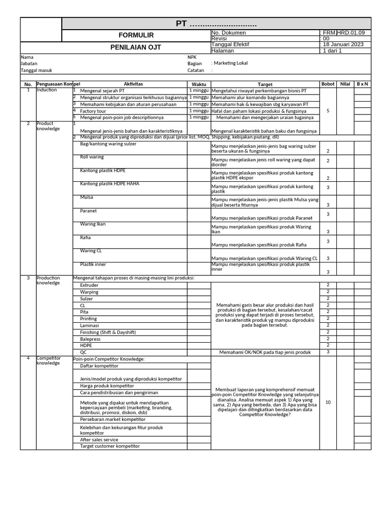 FRM - HRD.01.09 Formulir Penilaian OJT Sales DRAFT | PDF