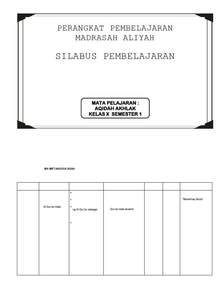 SILABUS Aqidah Akhlak MA Kelas X, 1-2 | PDF
