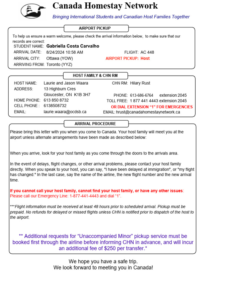 Homestay and Flights Confirmation Letter | PDF