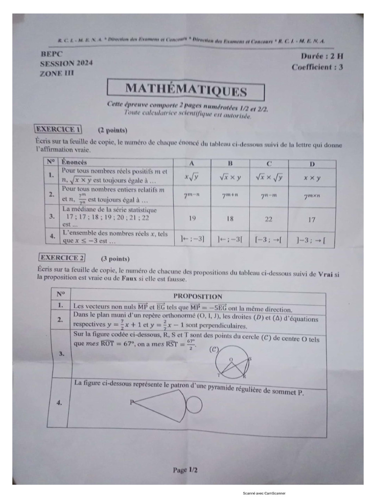 Maths Bepc 2024 Zone 3 | PDF Maths Bepc 2024 Zone 3 | PDF