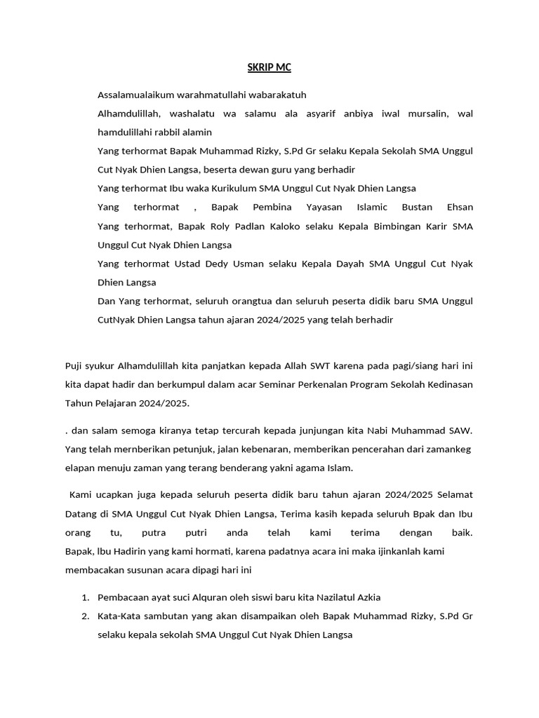 Skrip MC Seminar Walimurid | PDF