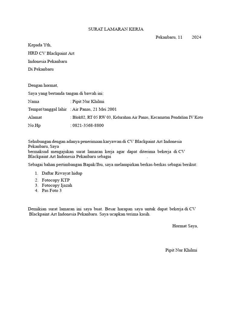 SURAT LAMARAN KERJA Pipit | PDF