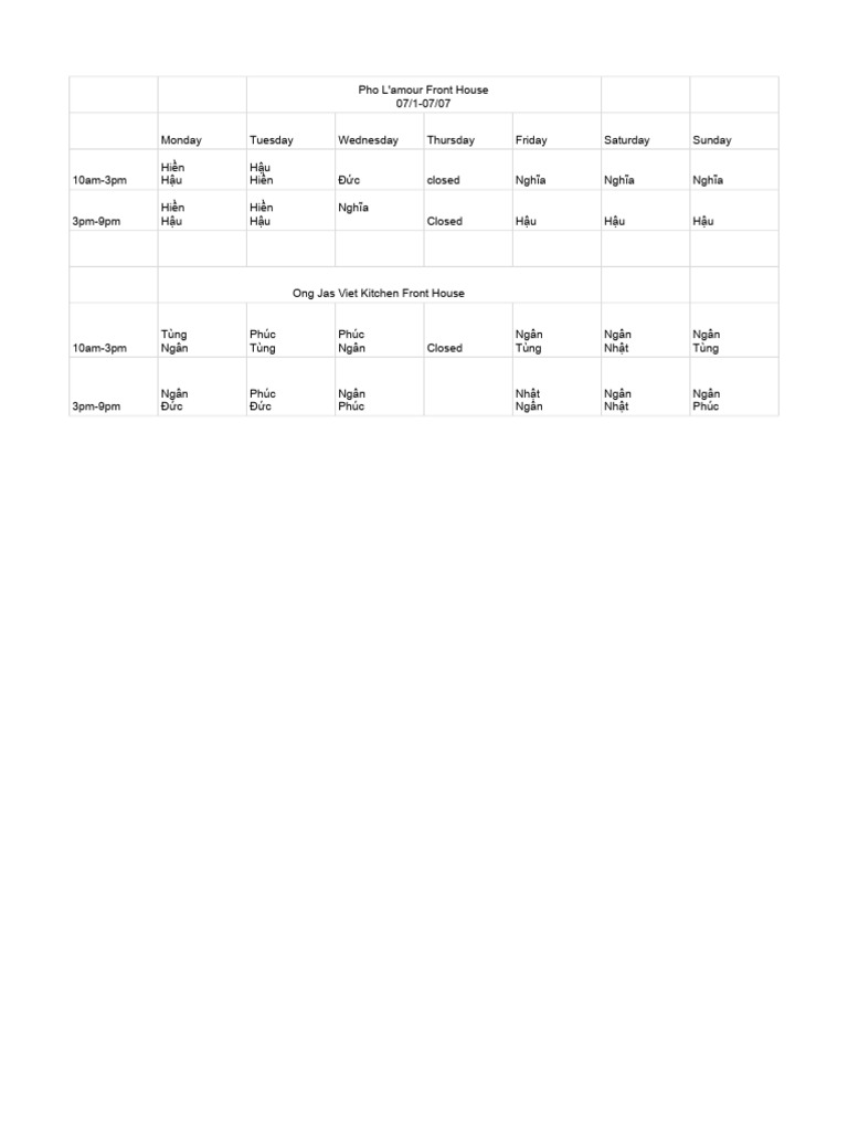 Work Schedule Front House | PDF