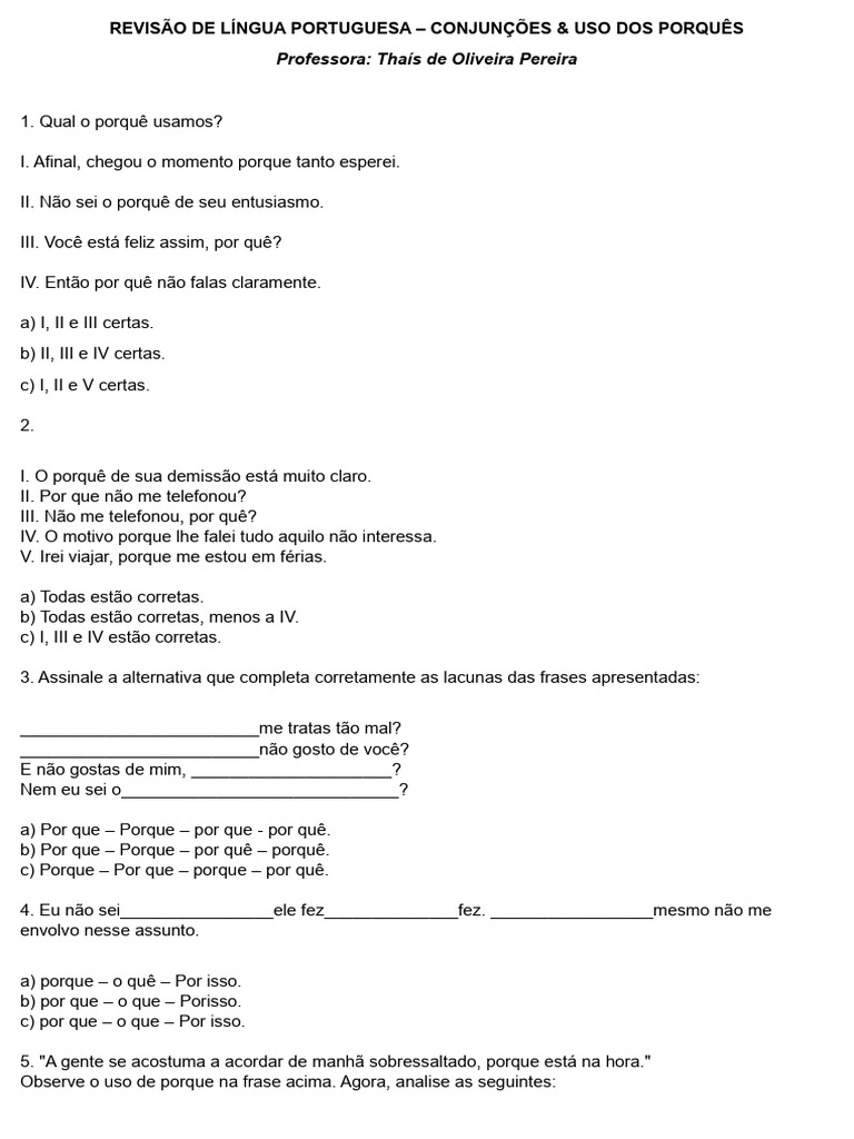 Revisão de Língua Portuguesa - Conjunções & Uso Dos Porquês | PDF