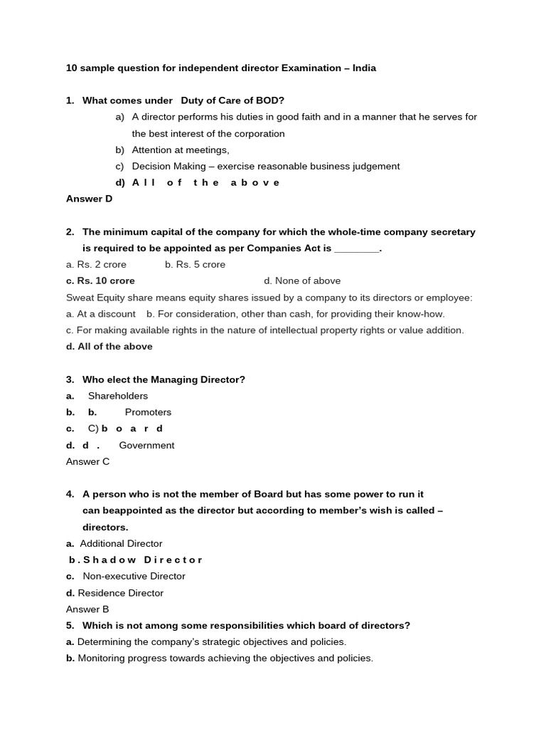 Independent Director Exam Questions | PDF | Board Of Directors | Career ...