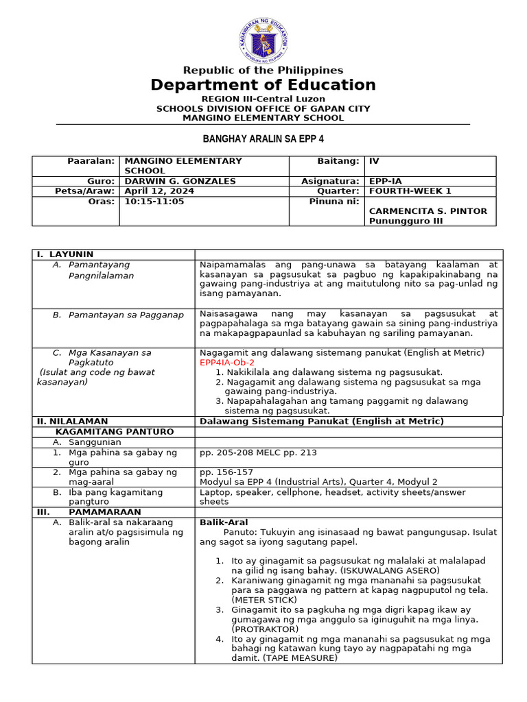 COT-EPP-IA - Q4-Dalawang Sistema NG Panukat | PDF