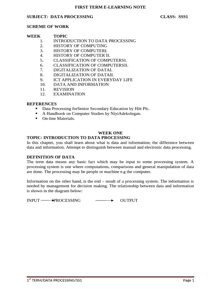 FIRST TERM SS1 DATA PROCESSING Dcvhbs | PDF | Microcomputers | Computer Hardware