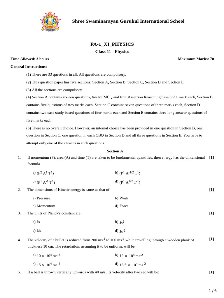Pa-1 Xi Phy QP | PDF