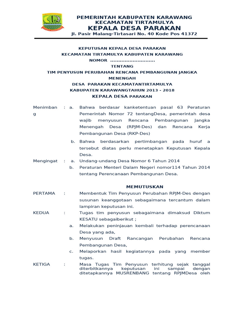 SK Tim Penyusun Rpjmdesa | PDF