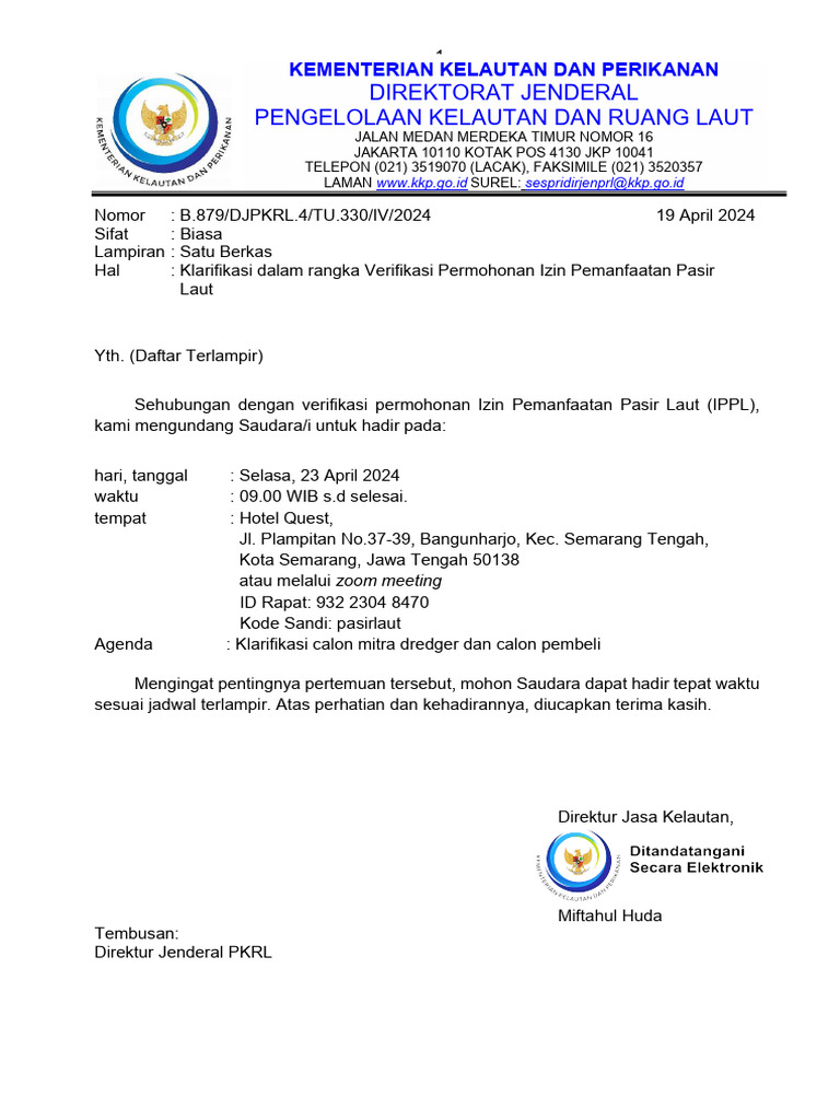 Undangan Klarifikasi Dalam Rangka Verifikasi PKKPRL Dan IPPL | PDF | Bisnis | Teknologi & Rekayasa