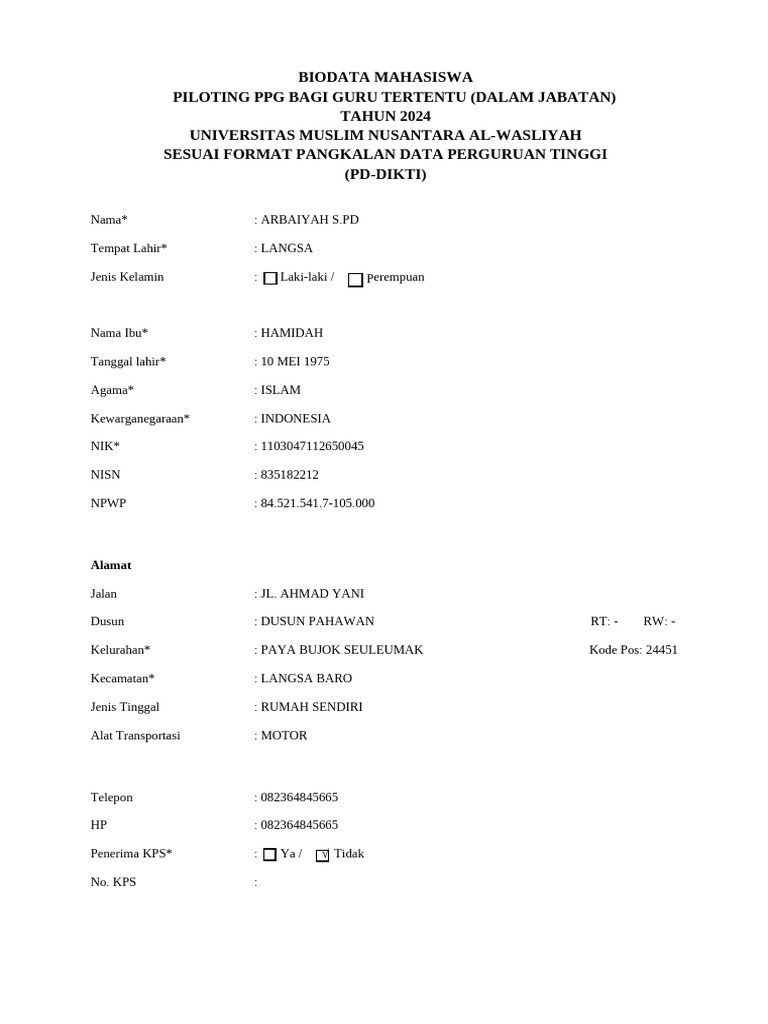 Form Biodata PDDIKTI | PDF