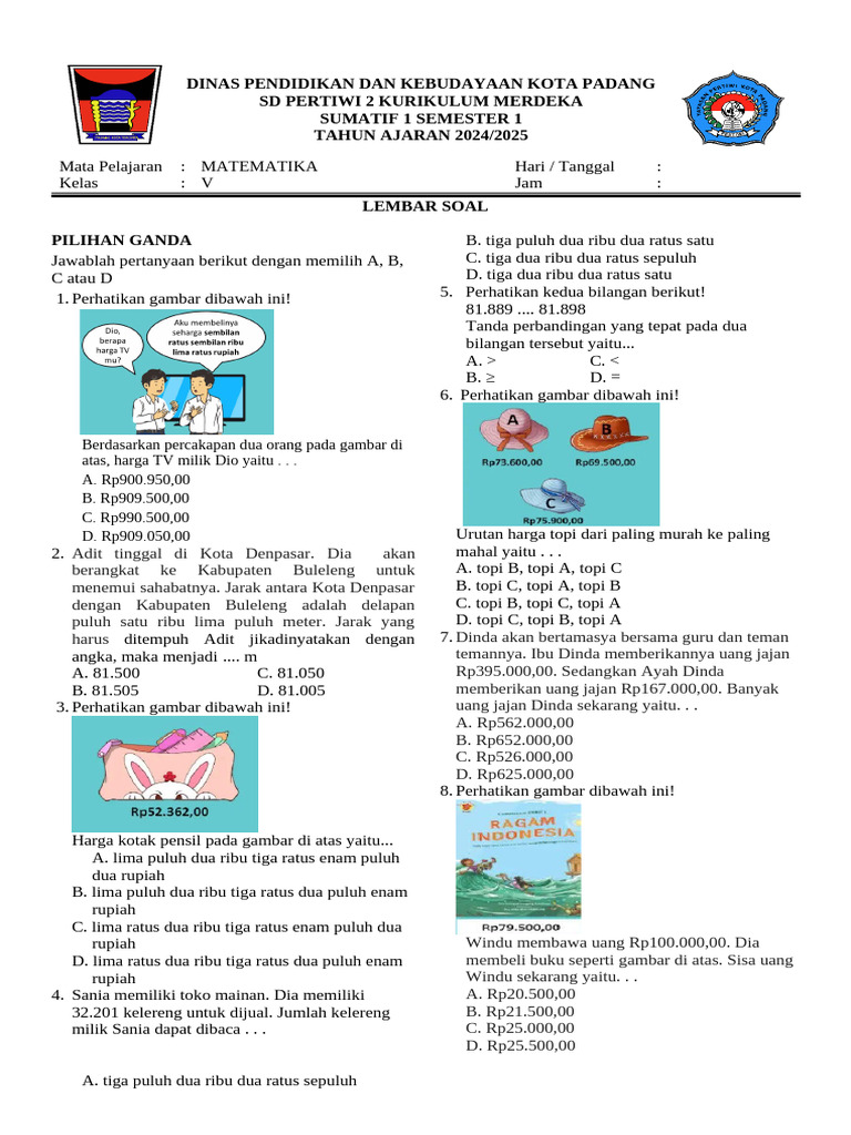 SOAL SAS MTK KELAS 5 SEMESTER 1 | PDF