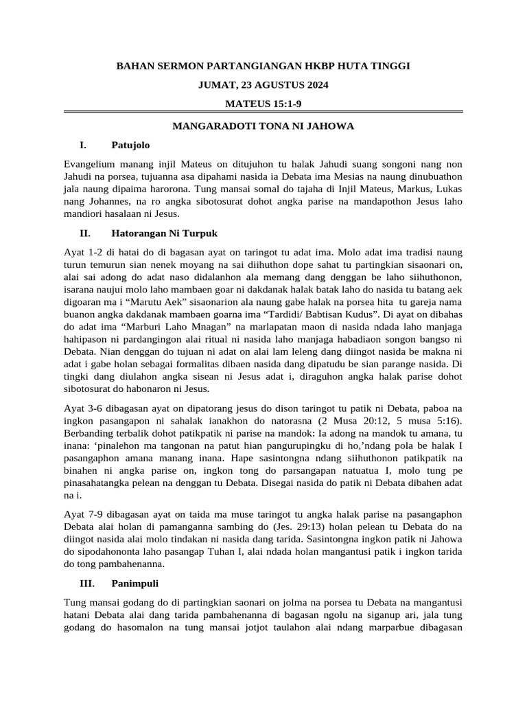 Bahan Sermon Partangiangan HKBP Huta Tinggi 23 Agustus | PDF