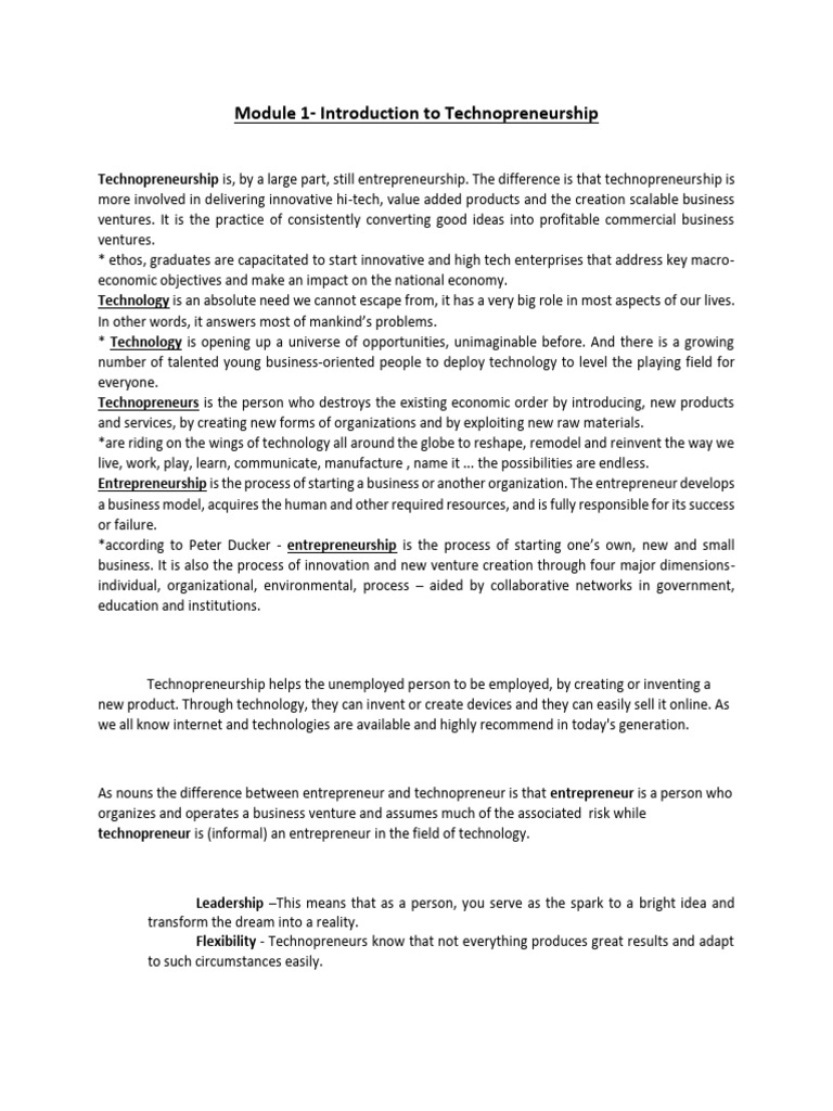 Module 1 Introduction To Technopreneurship | PDF Module 1 Introduction To Technopreneurship | PDF