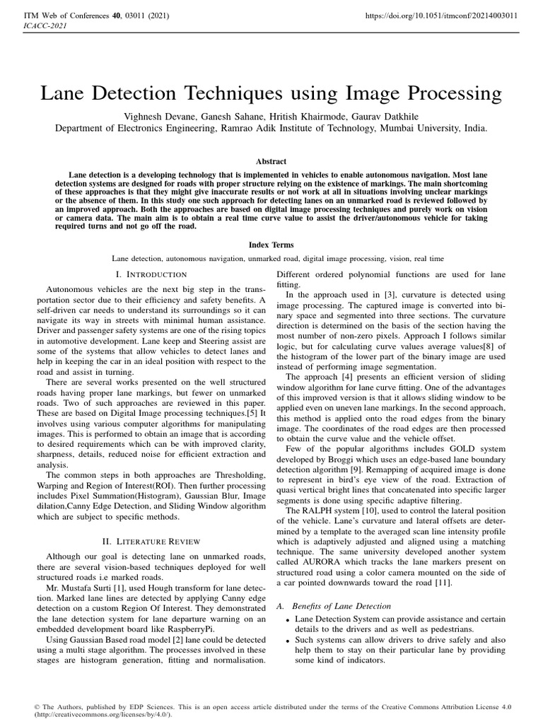 Lane Detection Techniques Using Image Processing | PDF