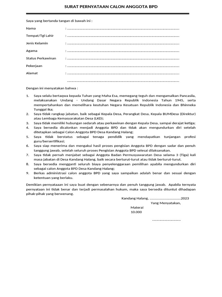 Surat Pernyataan Calon Anggota BPD 6308052007 | PDF