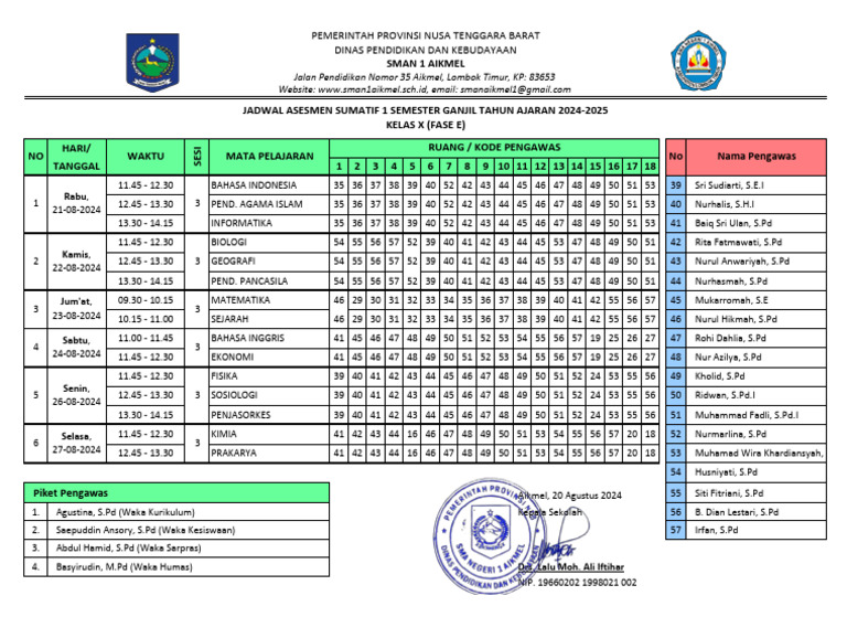 Jadwal Asesmen Sumatif 1 Semester Ganjil Tapel 2024-2025 - Kelas X (Fase E) | PDF