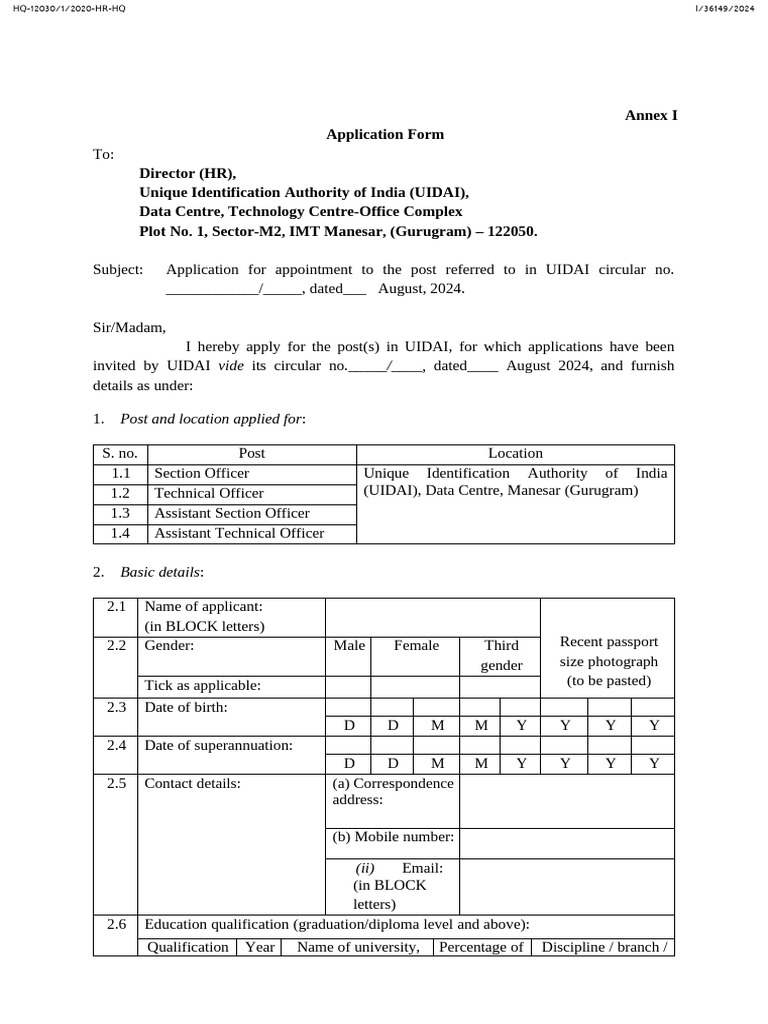 Uidai Section Officer Technical Officer Other Application Form | PDF ...
