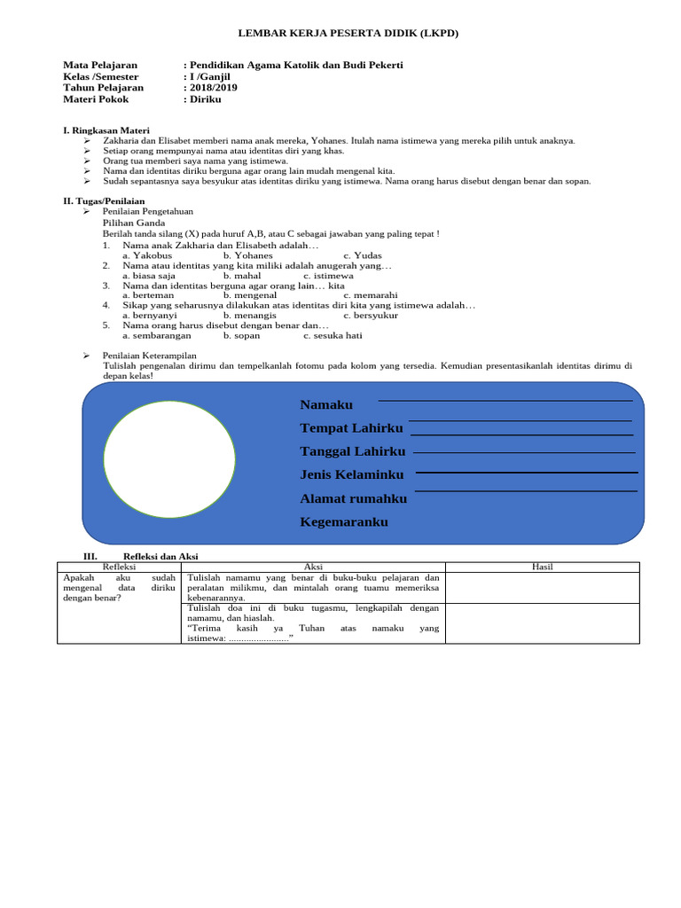 LKPD KELAS 1 SEM 1 | PDF