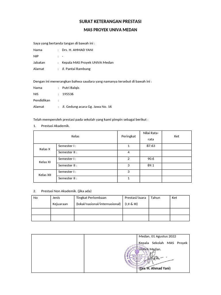 Surat Keterangan Prestasi | PDF