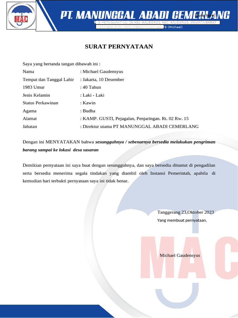 FIX Surat Pernyataan bersedia barang yang didatangkan sesuai spesifikasi Fix | PDF