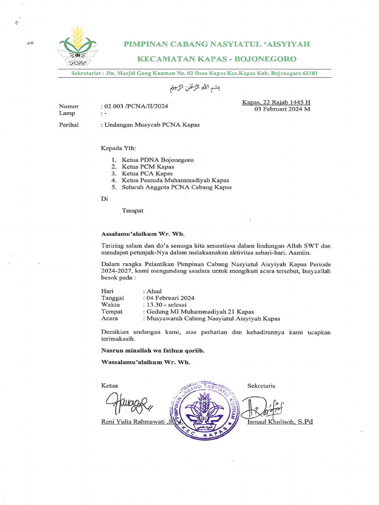 Undangan Musycab Pcna Kapas | PDF