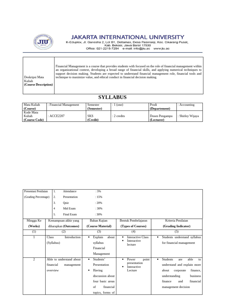 Financial Management Syllabus Odd Sem 2024 | PDF