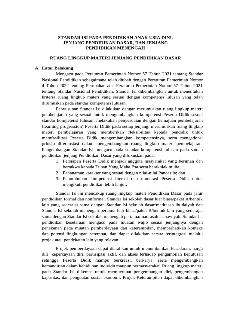 STANDAR ISI PADA PENDIDIKAN ANAK USIA DINI SDN 1 | PDF