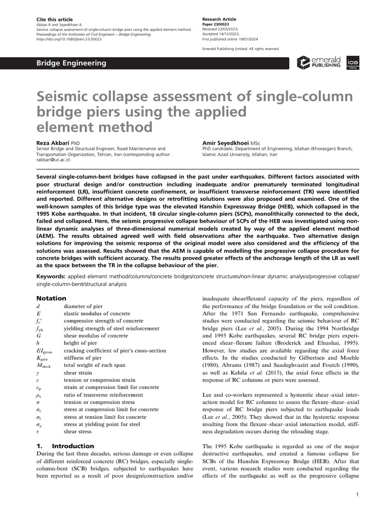 Akbari Seyedkhoei 2024 Seismic Collapse Assessment of Single Column Bridge Piers Using The ...