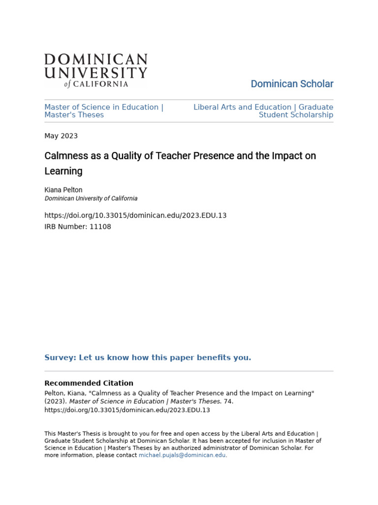Calmness As A Quality of Teacher Presence and The Impact On Learn | PDF