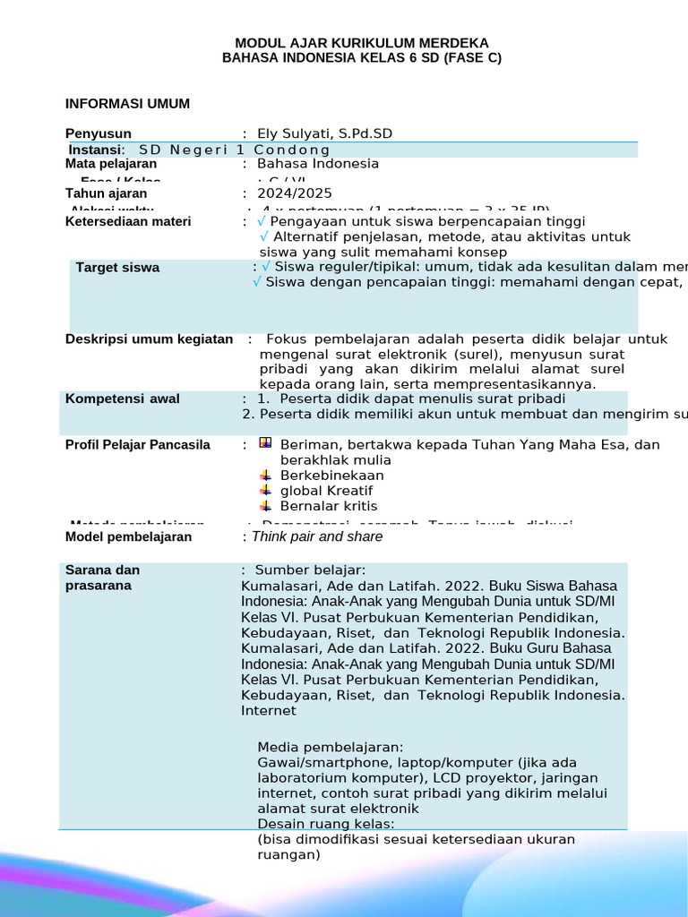 Modul Ajar kelas 6 SDN 1 Condong | PDF