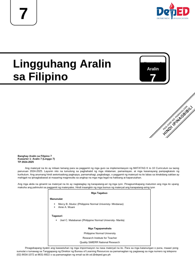 LE - Q1 - Filipino 7 - Lesson 7 - Week 7 | PDF