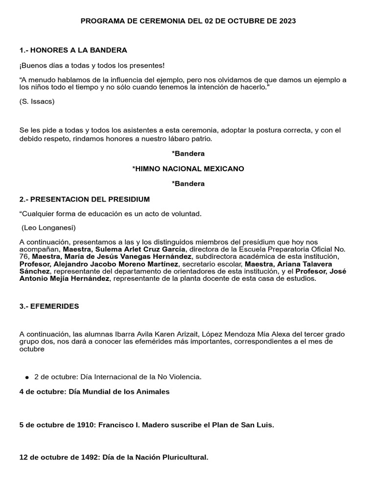 PROGRAMA DE CEREMONIA 02 DE OCTUBRE 2023.docx - 20230922 - 082008 - 0000 | PDF