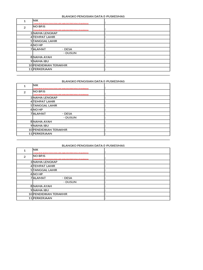 Blangko Data Epuskesmas | PDF