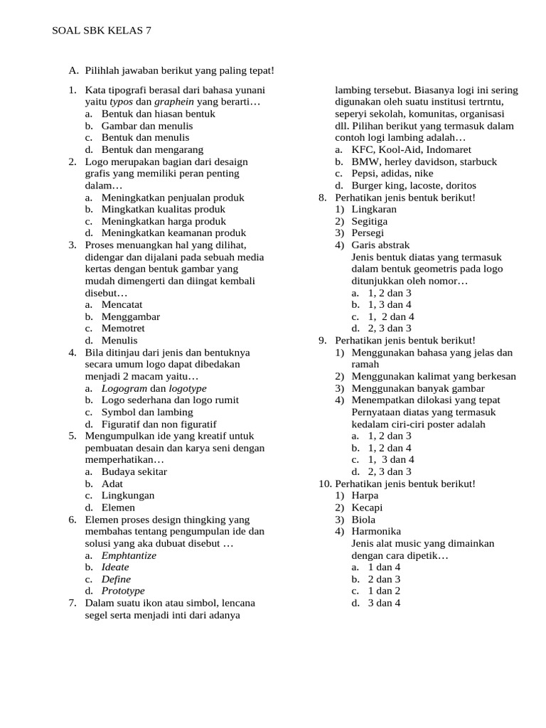 SOAL PTS SBK Kelas 7 | PDF