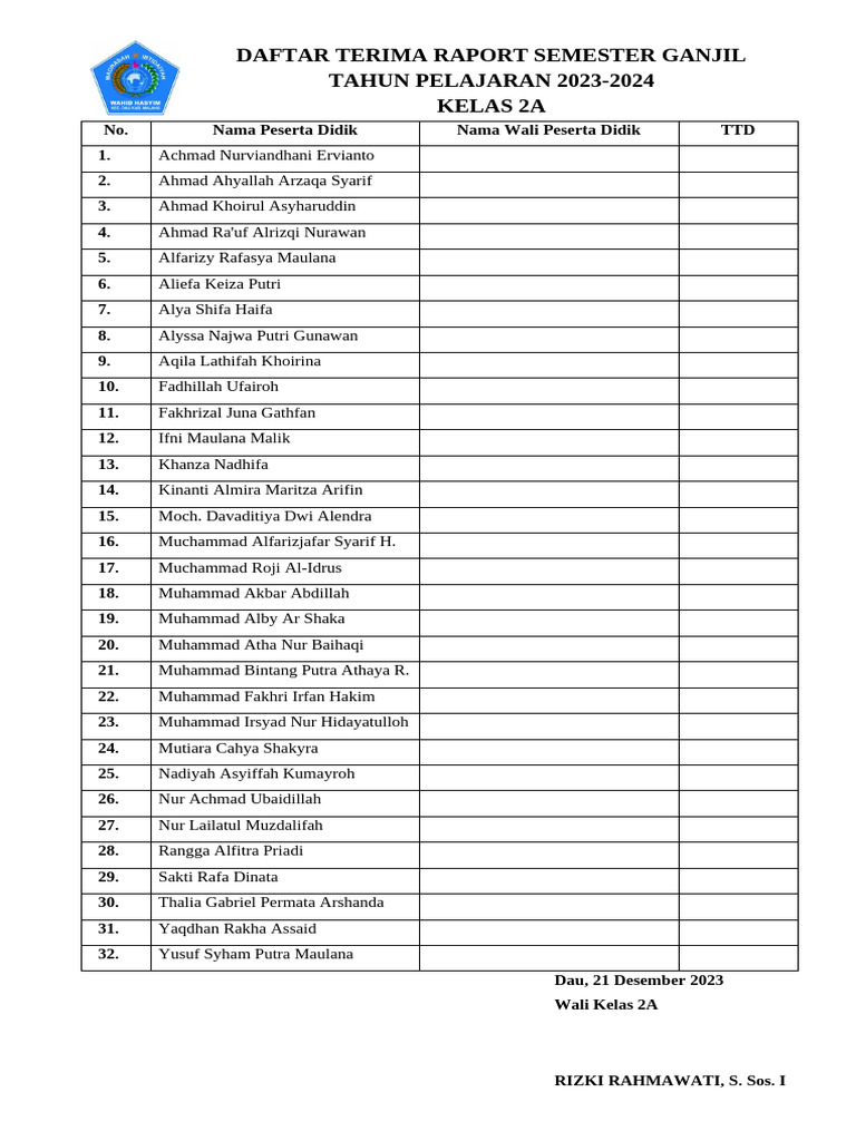 Daftar Terima Raport Semester Ganjil | PDF