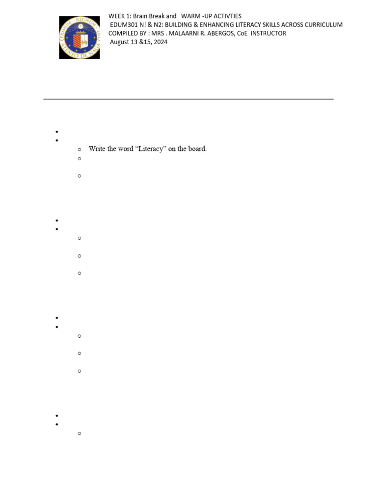 Engaging Warm-Up Activities for Literacy | PDF | Literacy | Art
