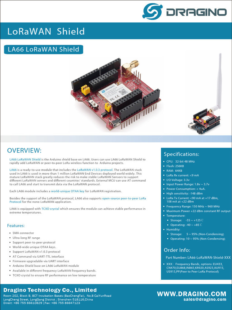 Datasheet - LA66 LoRaWAN Shield | PDF