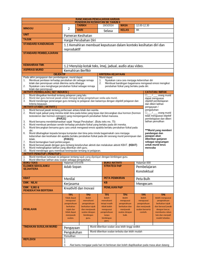 m2 Rph Pendidikan Kesihatan Thn 6 | PDF
