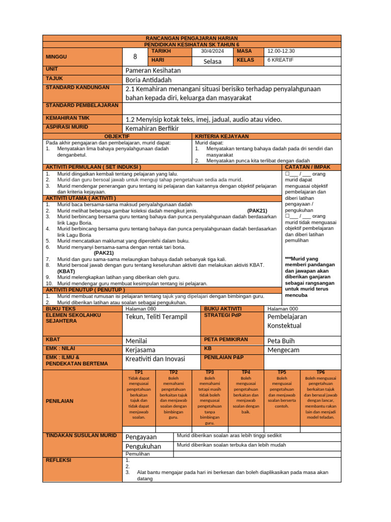 m8 Rph Pendidikan Kesihatan Thn 6 | PDF