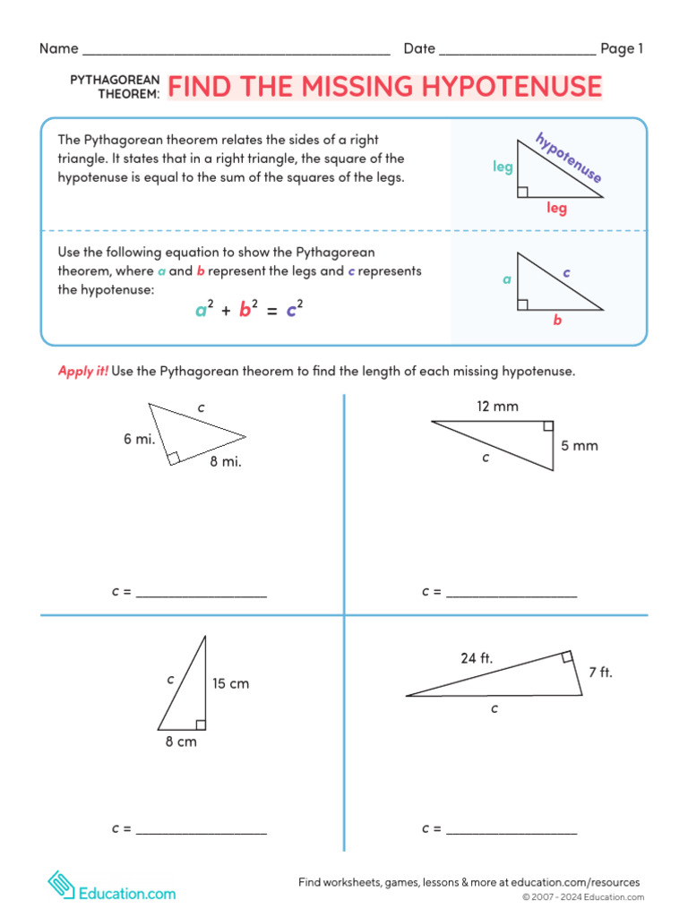 Pythagorean Theorem Find The Missing Hypotenuse | PDF