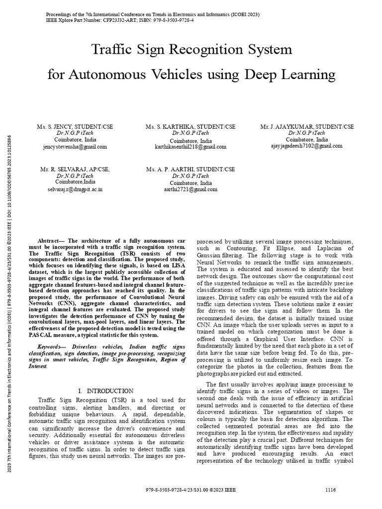 Traffic Sign Recognition System For Autonomous Vehicles Using Deep Learning Pdf