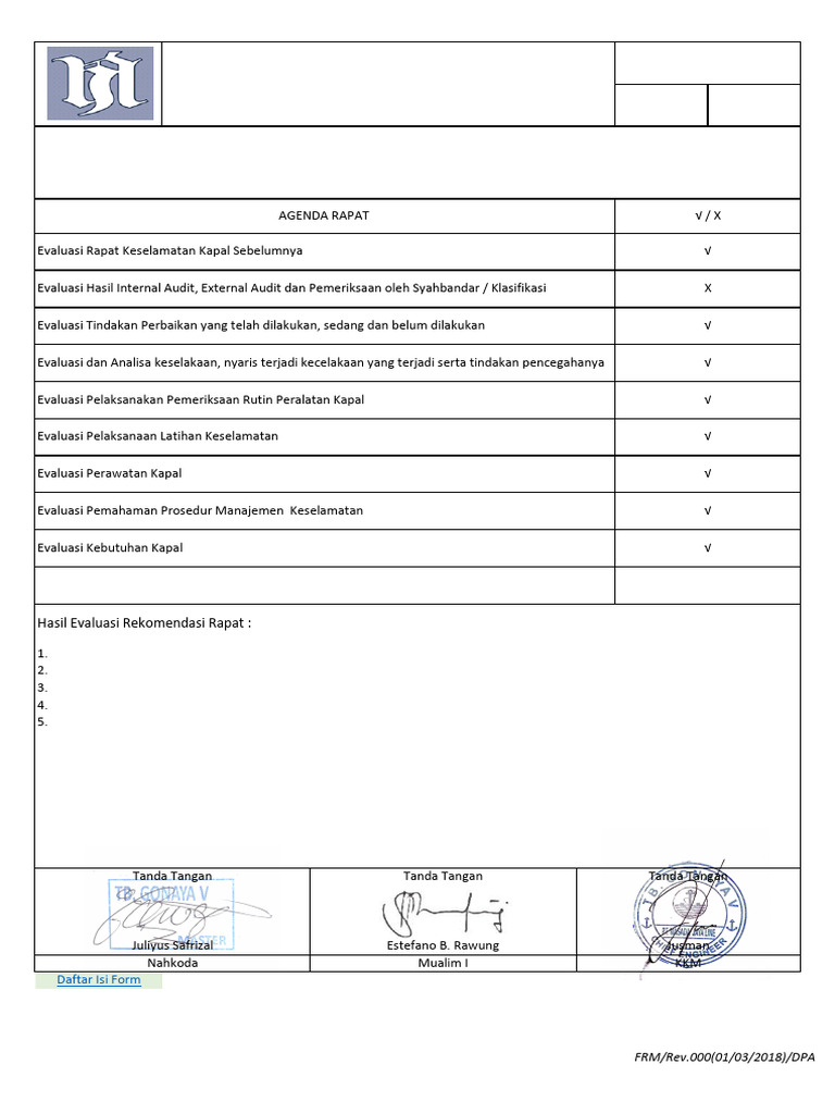 FRM-HSE-011 Notulen Rapat Manajemen Keselamatan Kapal (2) Agustus | PDF