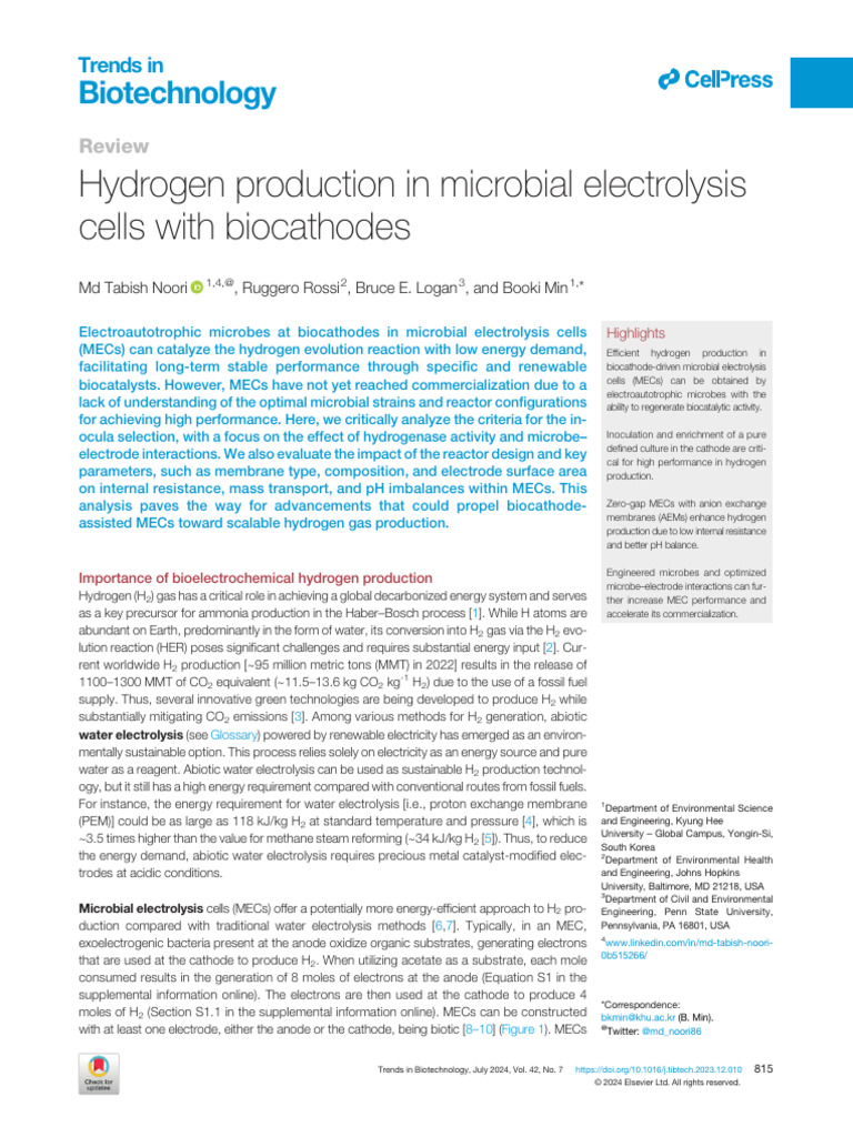 2024 - Bruce Logan - Hydorgen Production in Microbial Electrolysis ...